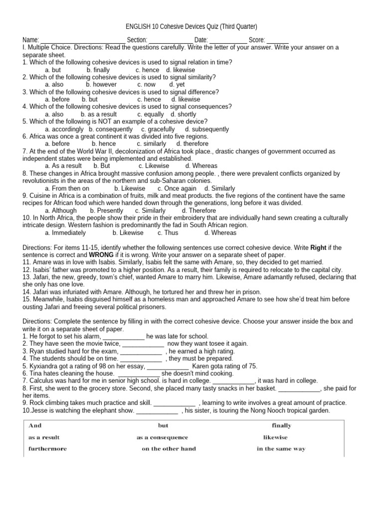 Cohesive Devices Quiz Q3 | PDF | Africa