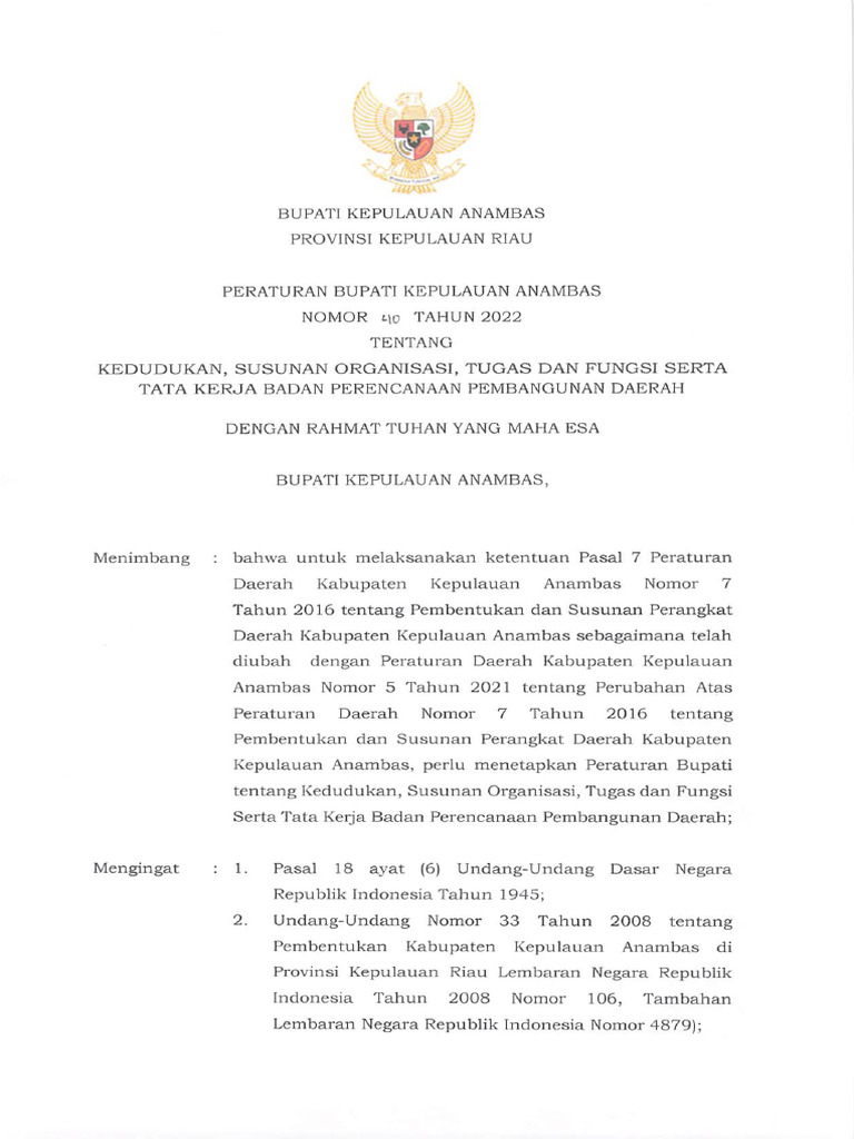 Perbup Bappeda No.40 Tahun 2022 Tentang Sotk Bappeda | PDF