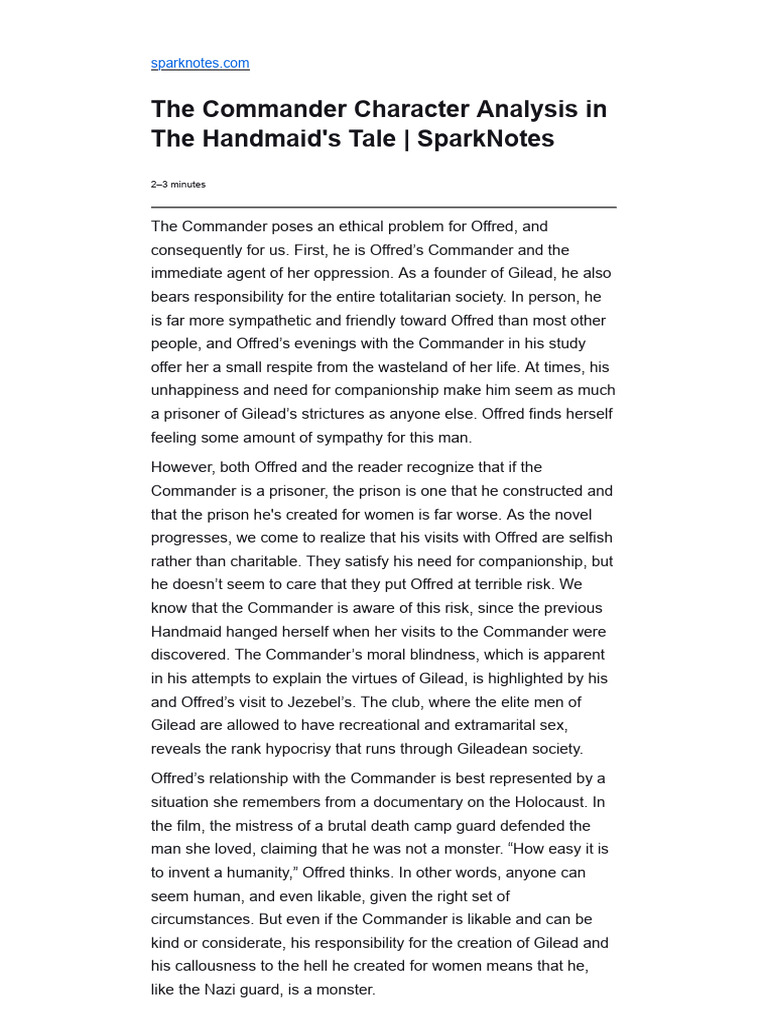 The Commander Character Analysis in The Handmaid's Tale SparkNotes | PDF