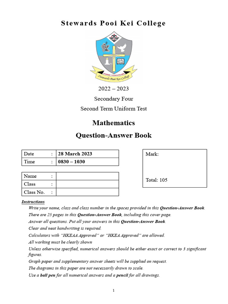 2223 UT2 Mathematics S4 Question Paper - 1 (Tailored) | PDF | Area ...