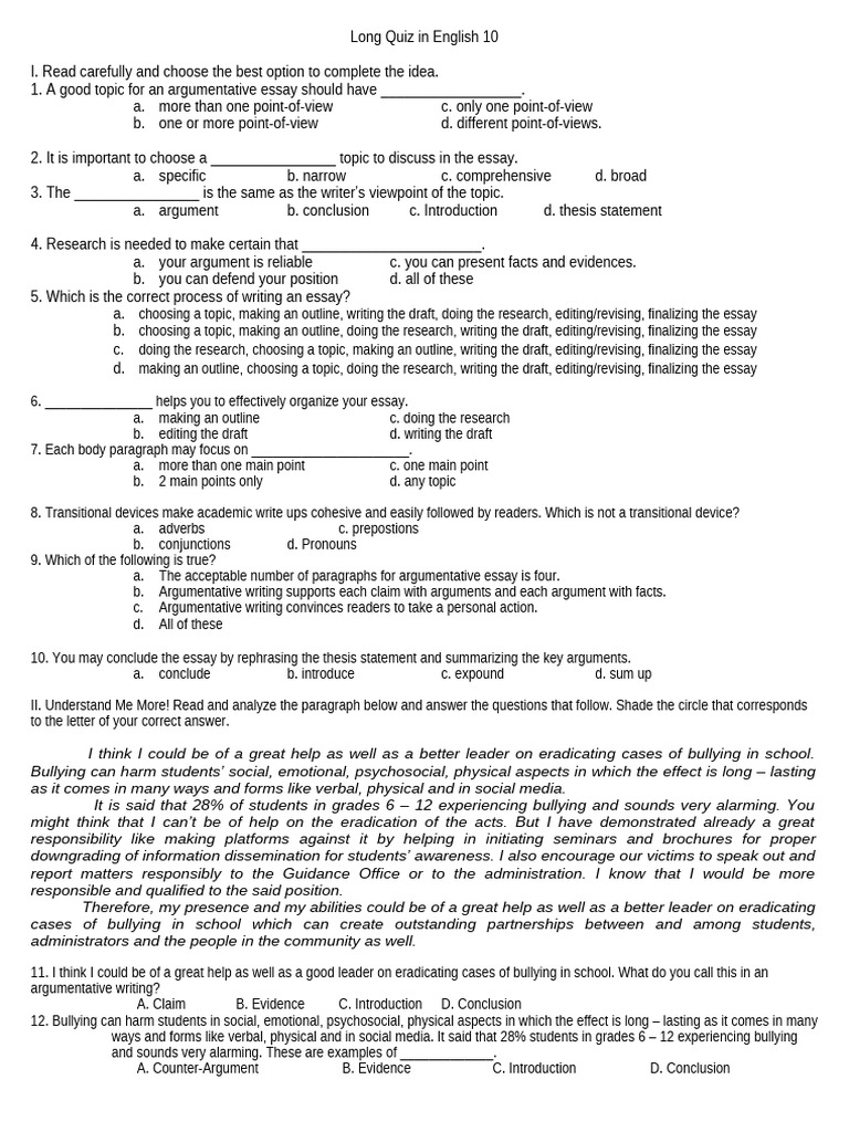 English 10 Long Quiz: Argumentative Writing | PDF | Pupa | Essays