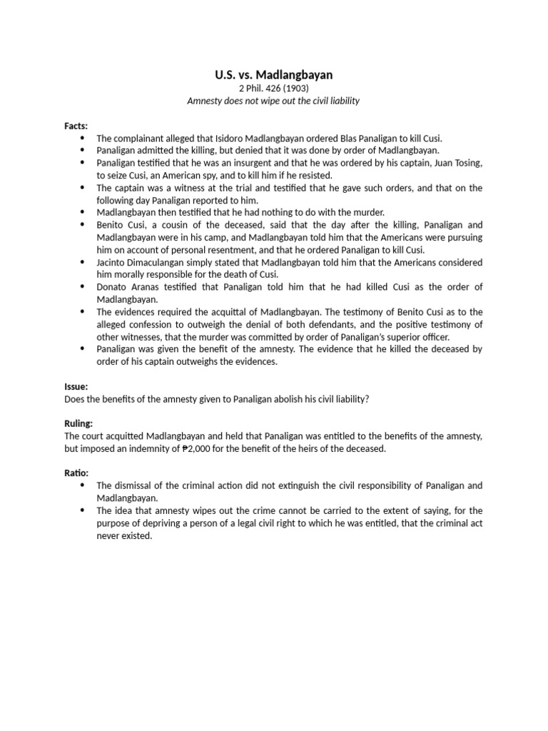 U.S. v. Madlangbayan: Amnesty & Liability | PDF