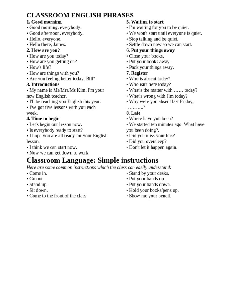 Essential Classroom English Phrases | PDF | Question | Classroom