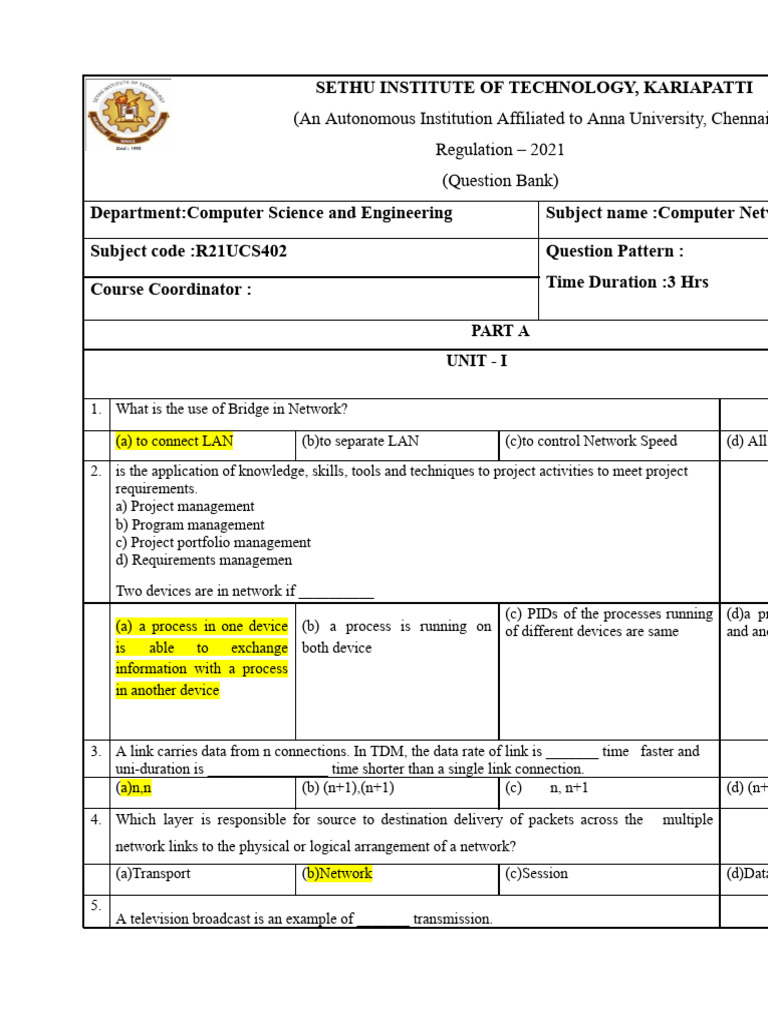 21UCS402-CN - QB With Answer | PDF | Computer Network | Bit Rate