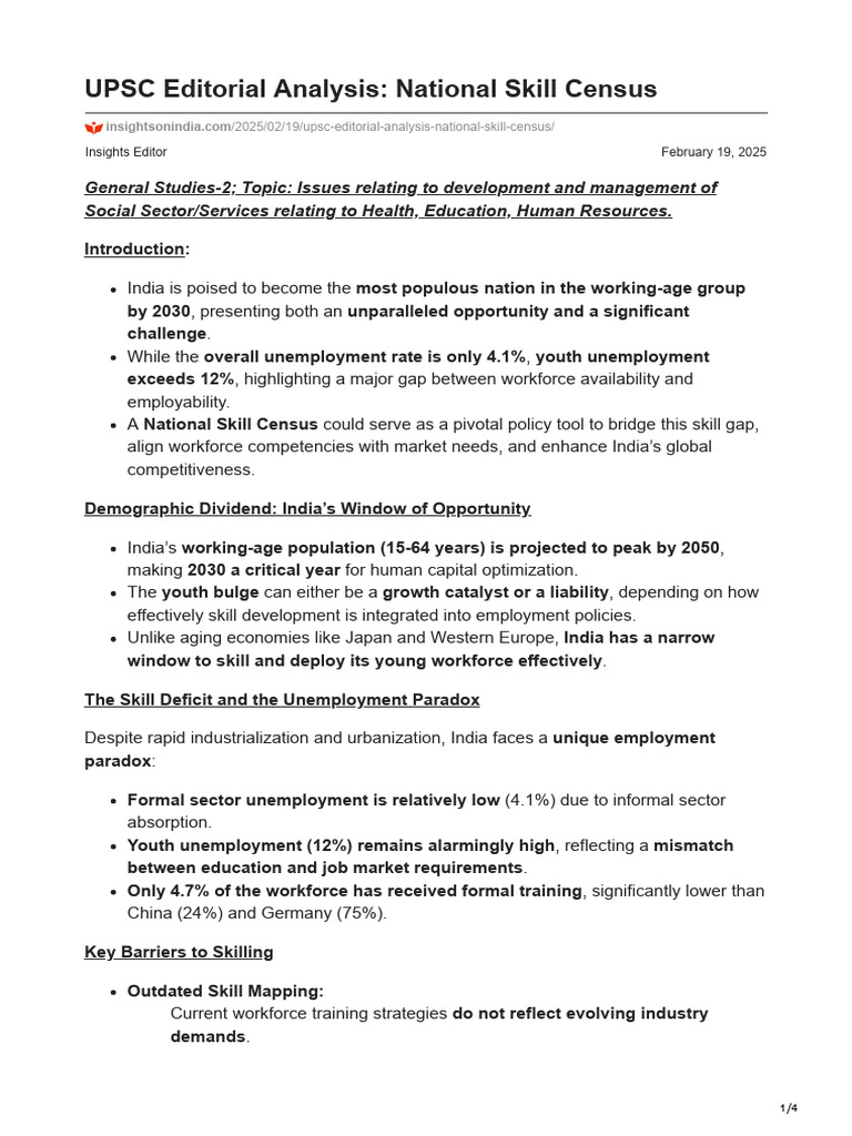 UPSC Editorial Analysis National Skill Census | PDF | Employment ...