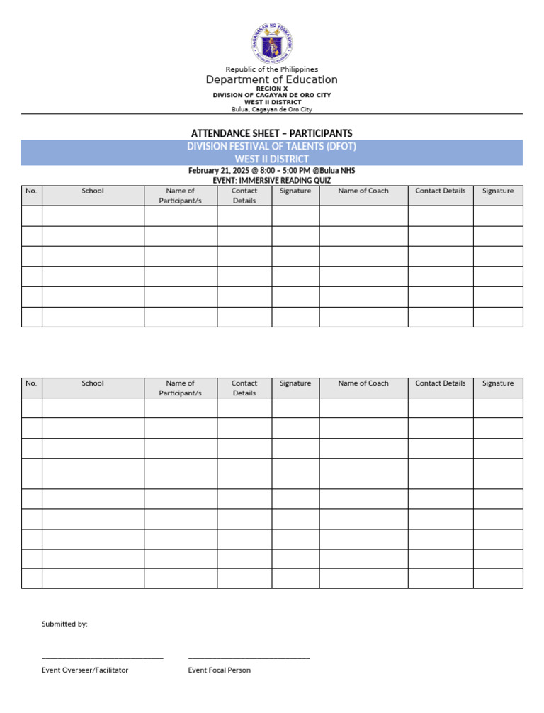 DFOT Immersive Reading Quiz Attendance | PDF