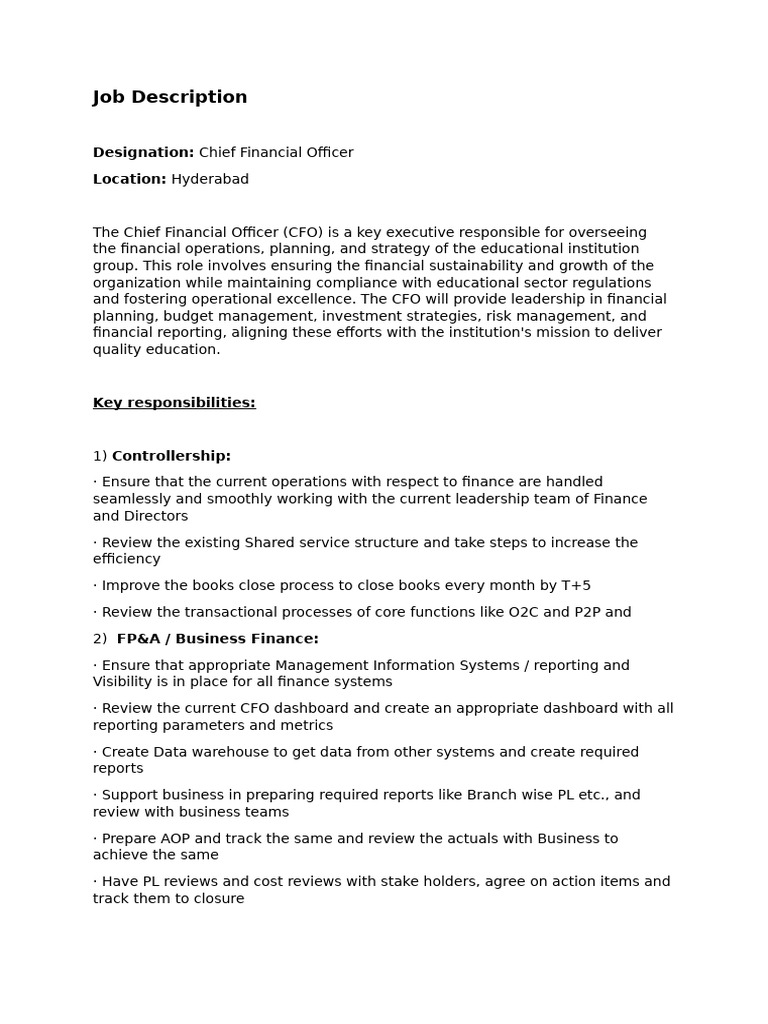 CFO-Job Description | PDF | Chief Financial Officer | Regulatory Compliance