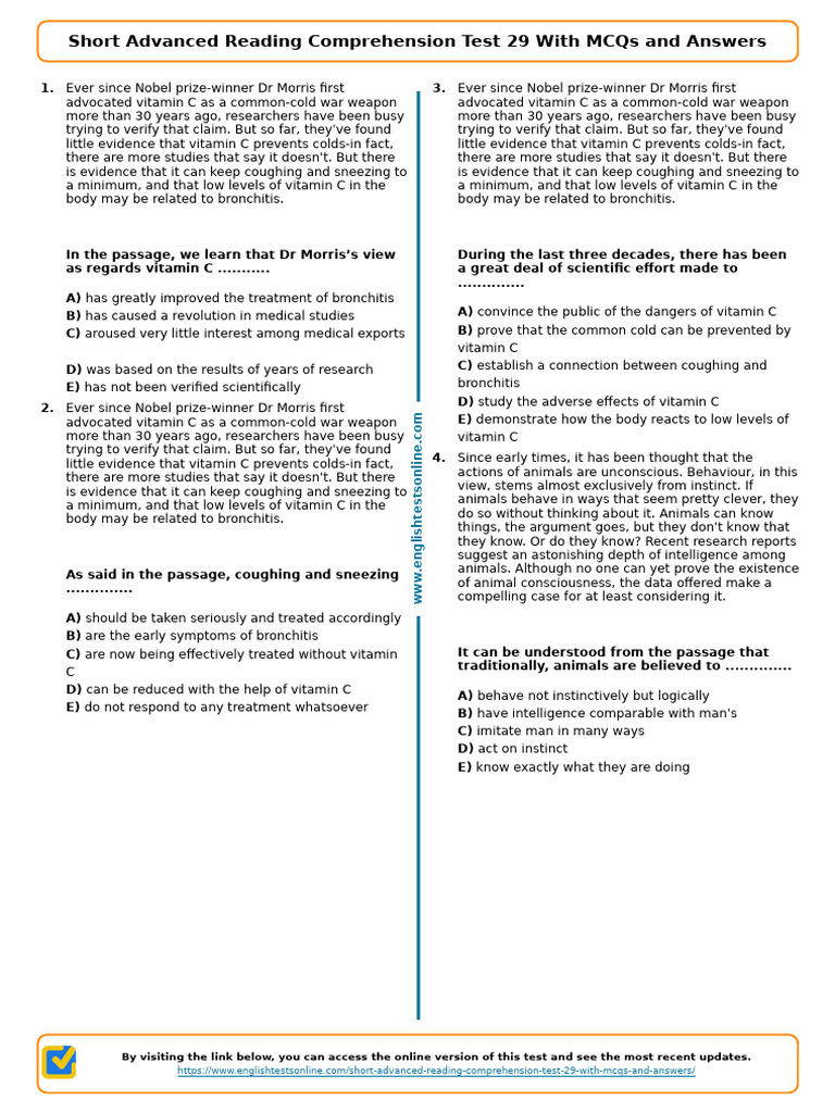 872 Short Advanced Reading Comprehension Test 29 With Mcqs and Answers ...