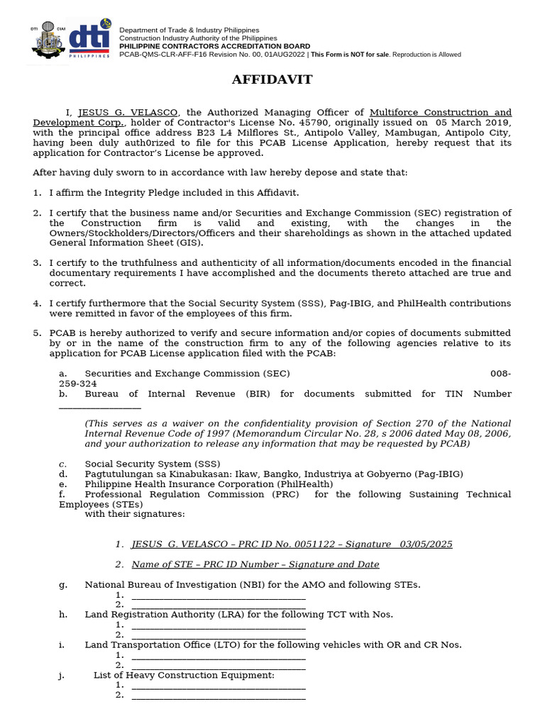 Contractors Affidavit Template | PDF