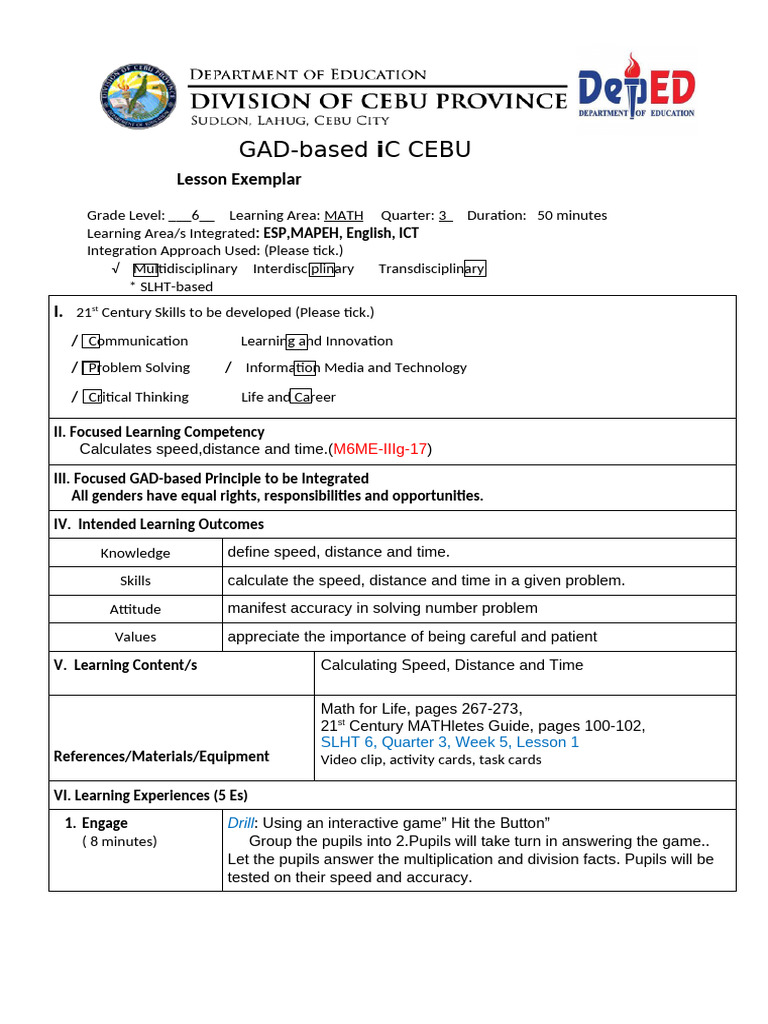 Grade 6 Math: Speed, Distance, Time Lesson | PDF | Speed | Learning