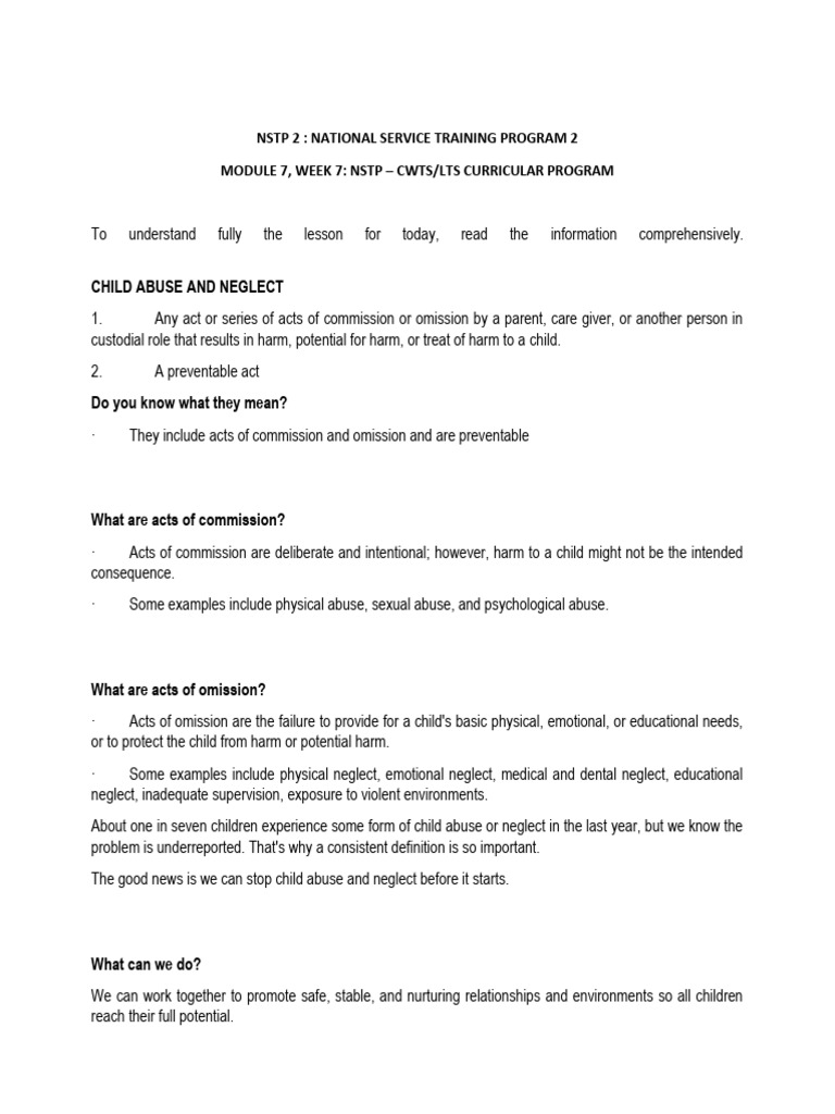 NSTP 2 - Lesson Proper Week 7 | PDF | Child Abuse | Child Neglect
