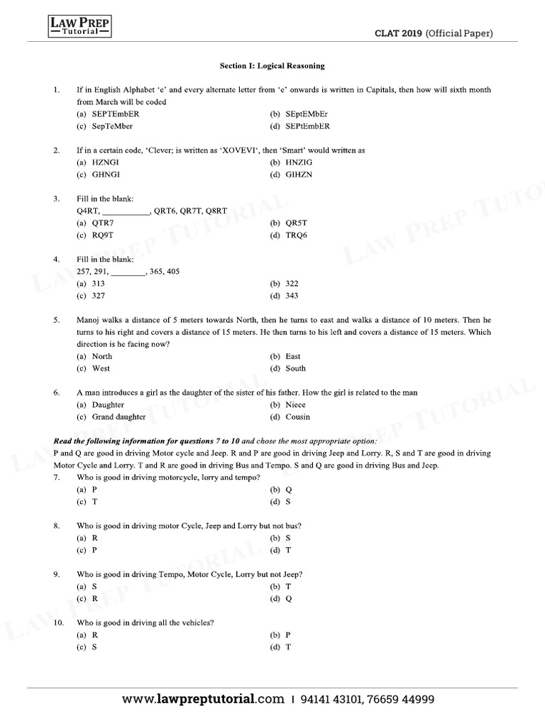 CLAT 2019 Official Paper | PDF