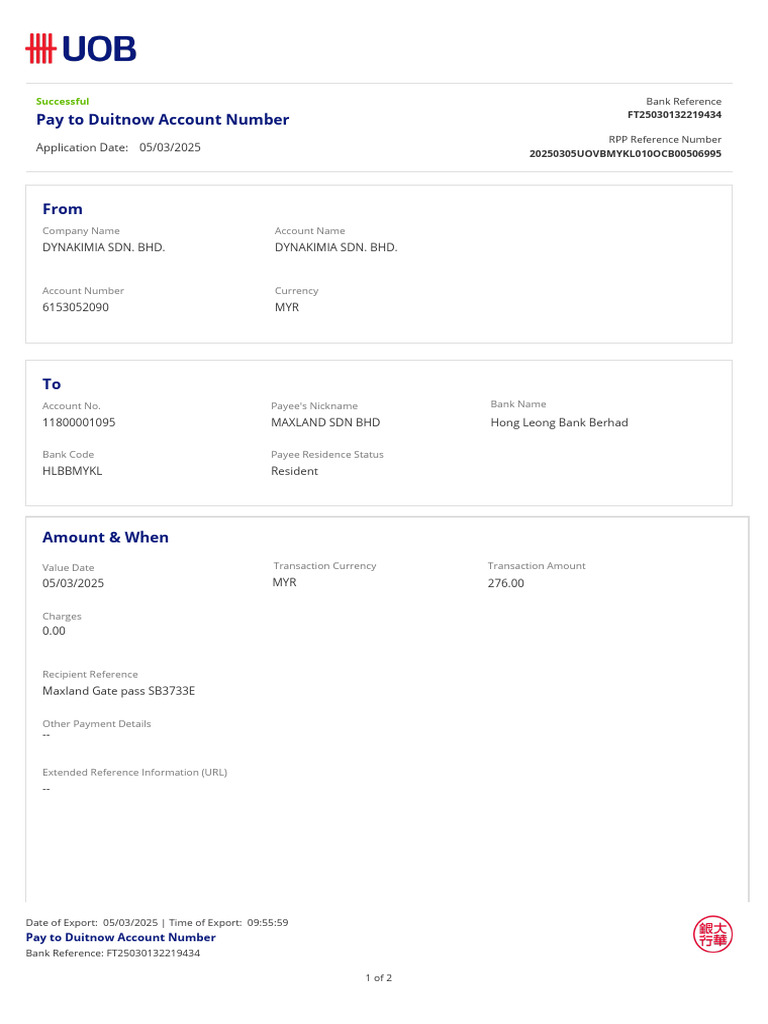 Successful DuitNow Payment Receipt | PDF