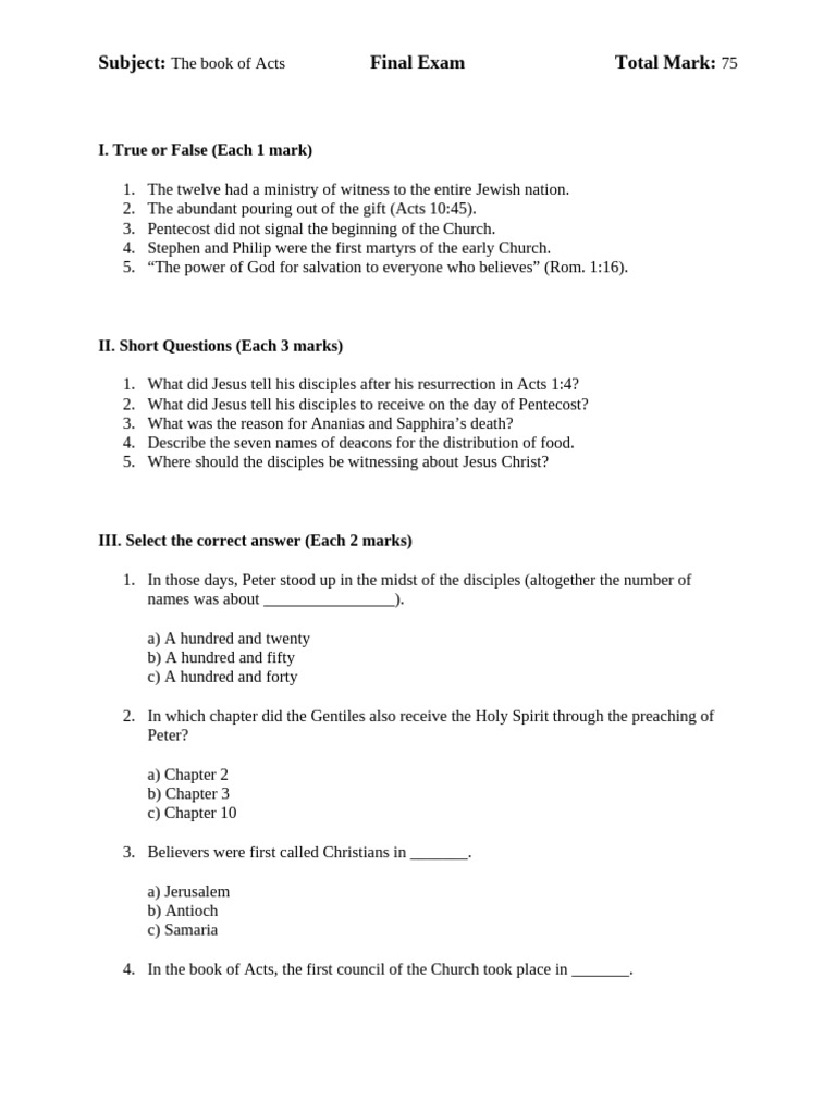 BTH Final Exam (The Book of Acts) | PDF