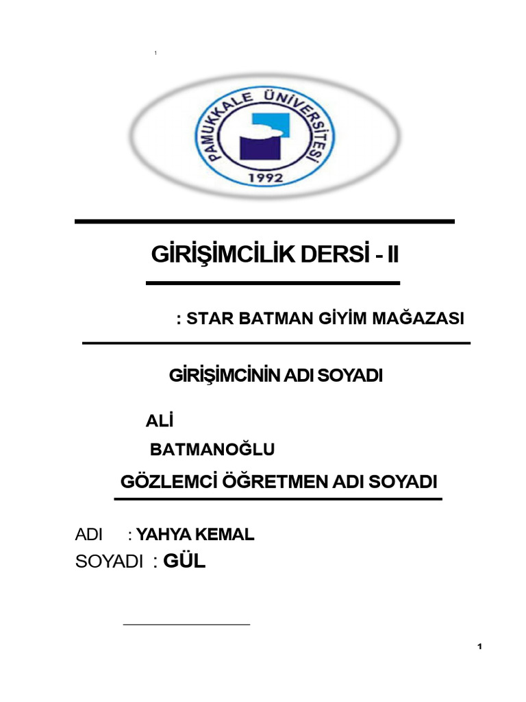Girişimcilik Dersi - Ii: Girişimcinin Adi Soyadi | PDF