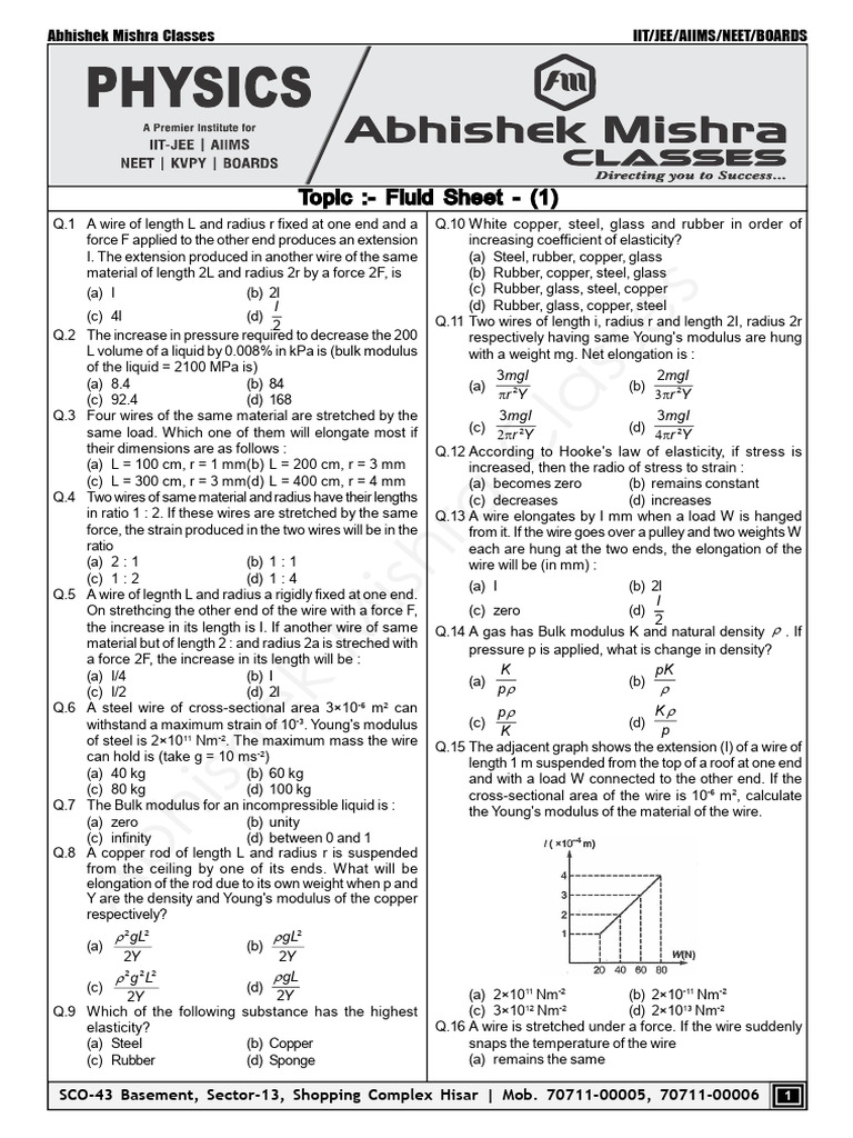 Fluid Sheet-1 | PDF | Young's Modulus | Elasticity (Physics)
