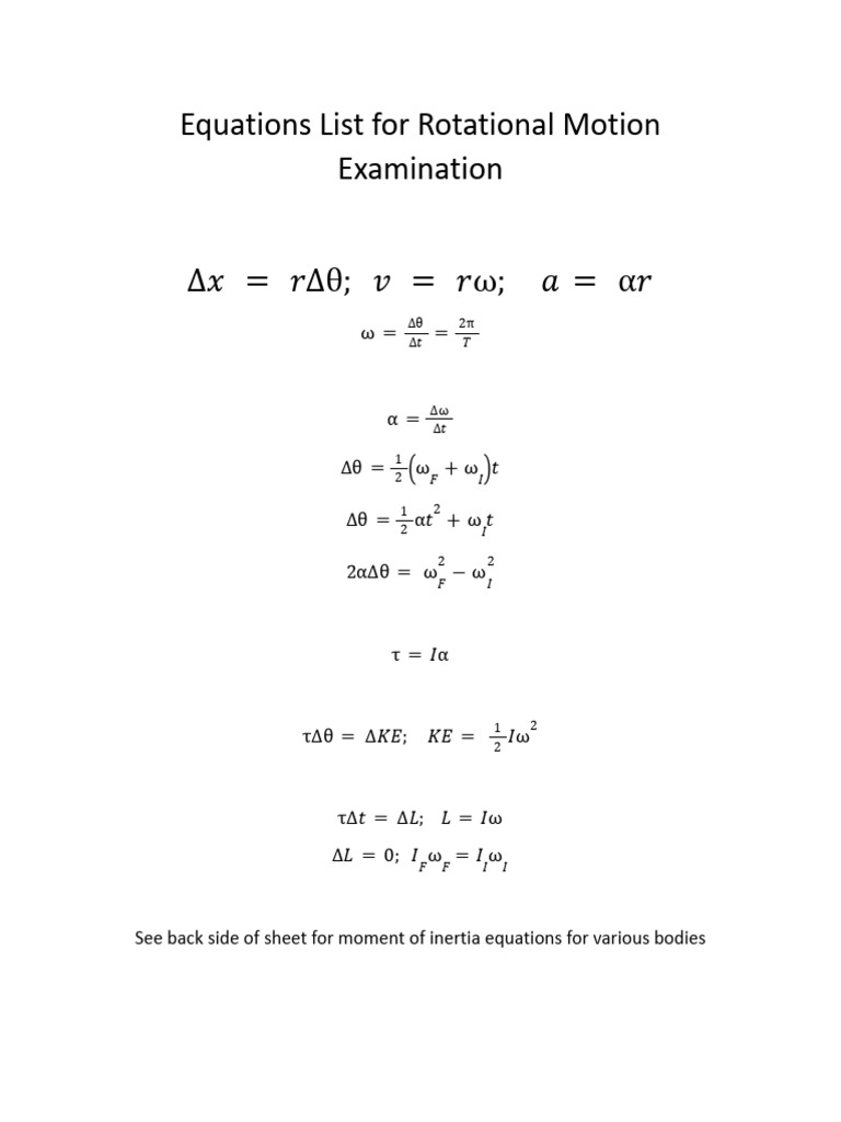 Equations List For Rotational Motion Examination | PDF