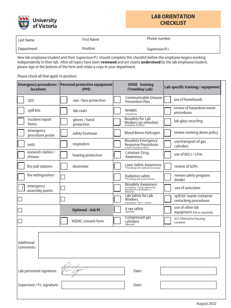 Lab Orientation Checklist for New Employees | PDF | Personal Protective ...