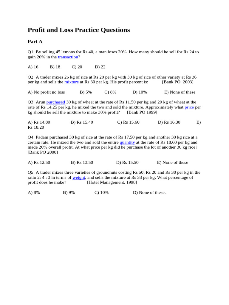 Profit and Loss Practice Questions | PDF
