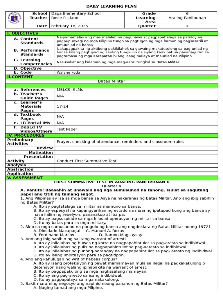 Daily Lesson Plan 02-18-202 | PDF