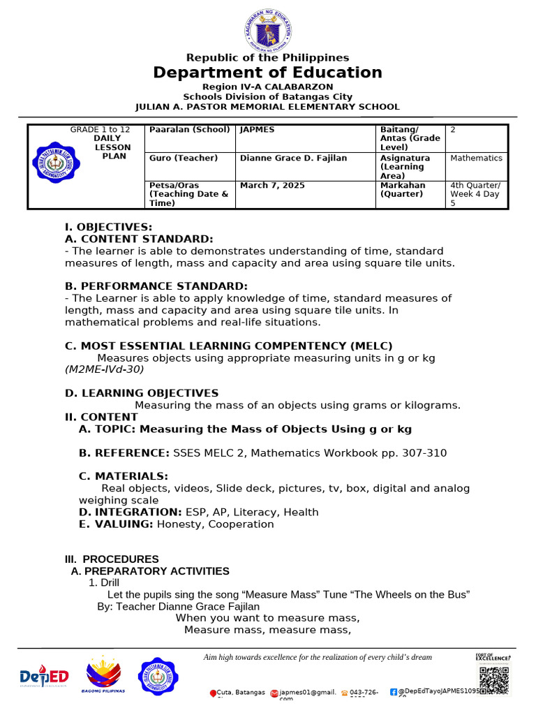 Q4 DLP in Math Sses Week4 | PDF | Mass | Weight