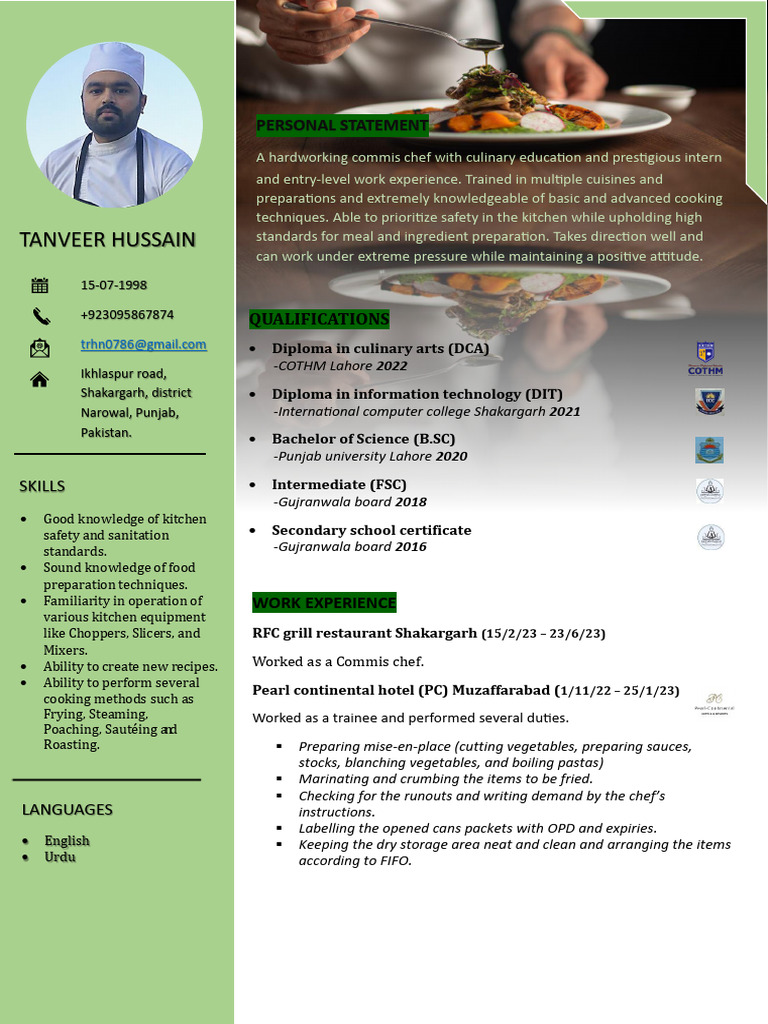 cv Tanveer Hussain | PDF | Chef | Cooking