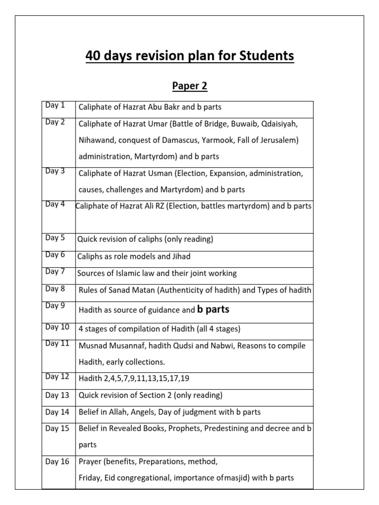 40 Days Revision Plan For Students | PDF | Hadith | Caliphate