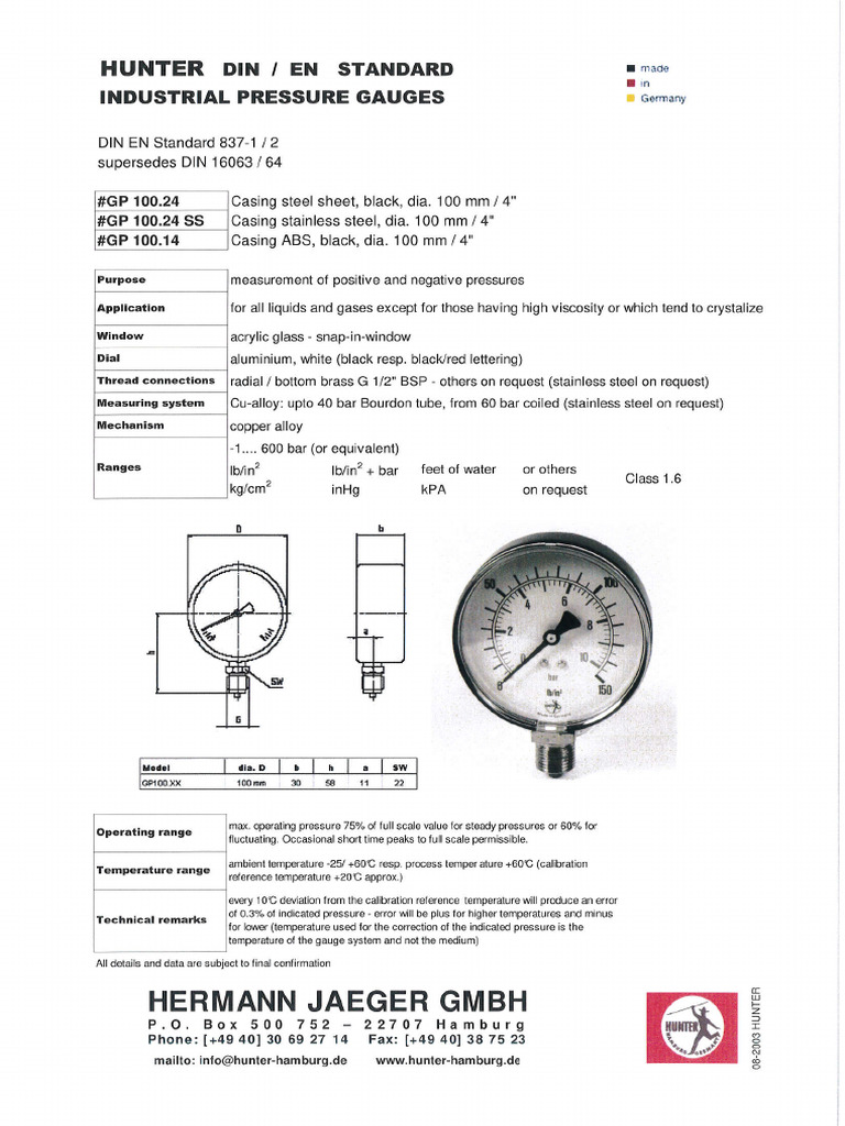 Hunter Pressure Gauge Catalog | PDF