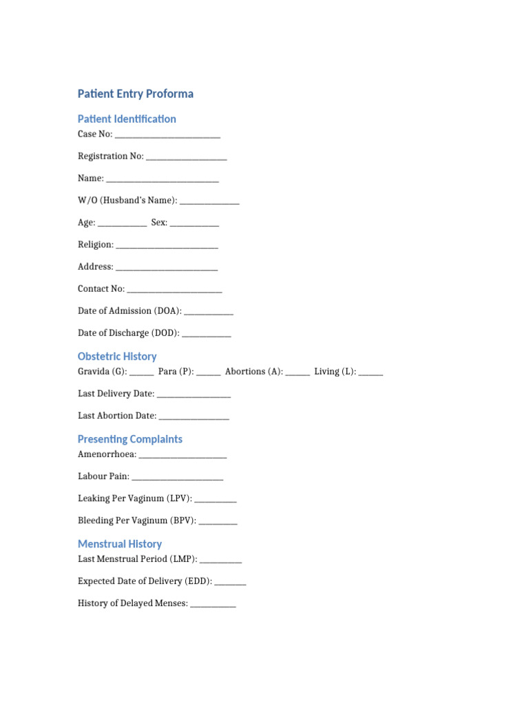 Patient_Entry_Proforma | PDF | Childbirth | Medical Specialties