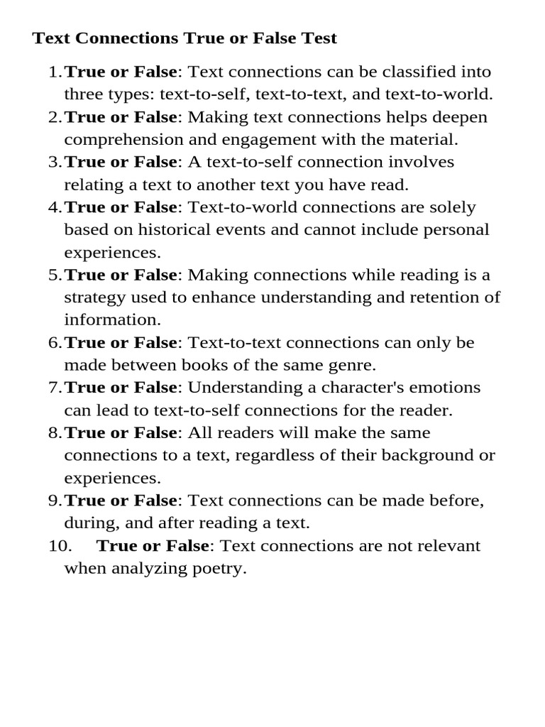 Text Connections True or False Test | PDF | Cognition | Human Communication
