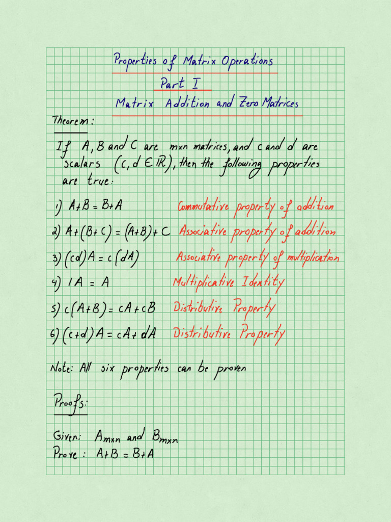 Properties of Matrix Operations Part I (Addition and Zero Matrix) | PDF ...