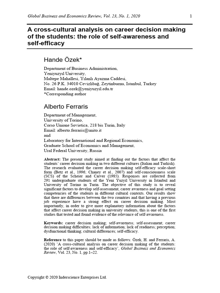 A Cross-Cultural Analysis On Career Decision Making of The Students - The Role of Self-Awareness ...