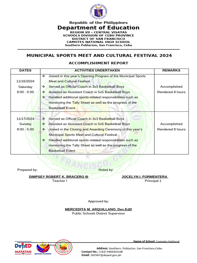 District-Sports and Cultural Meet 2024-Accomplishment-Report - Bracero ...