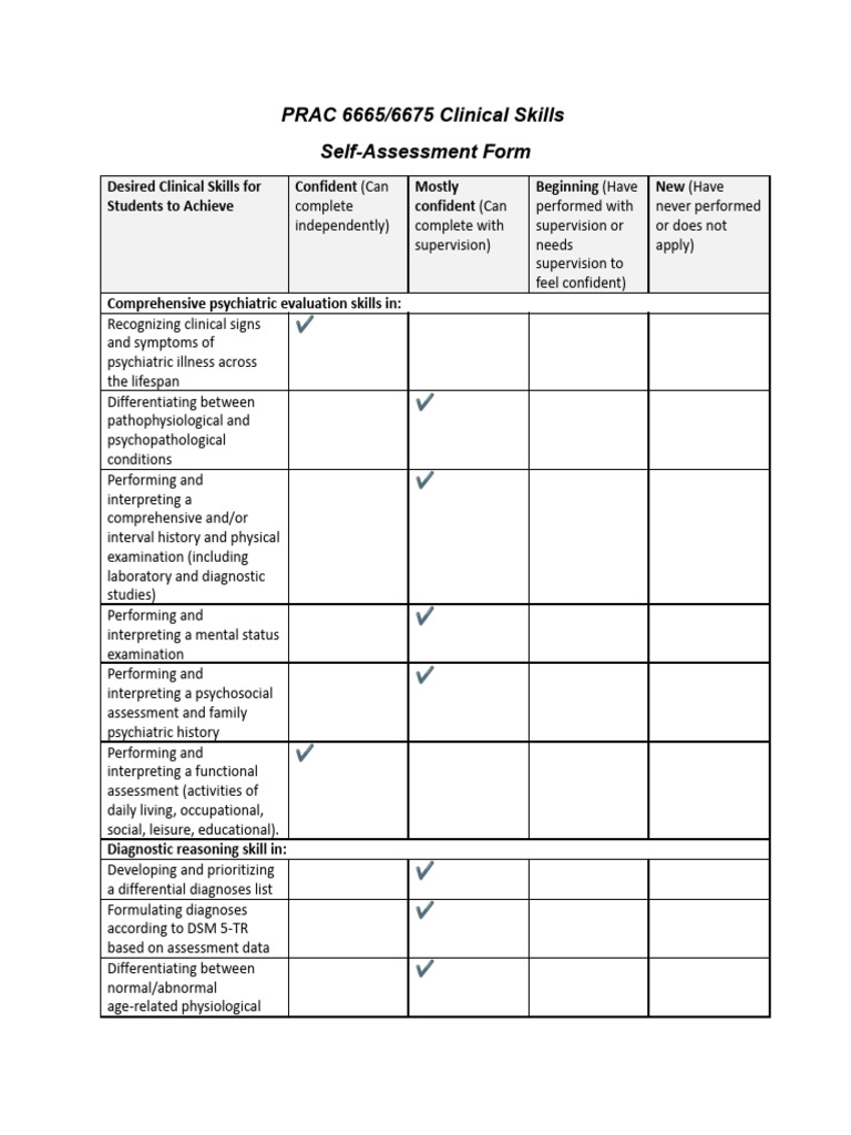 Clinical Skills Self-Assessment Form | PDF | Psychotherapy | Psychiatry