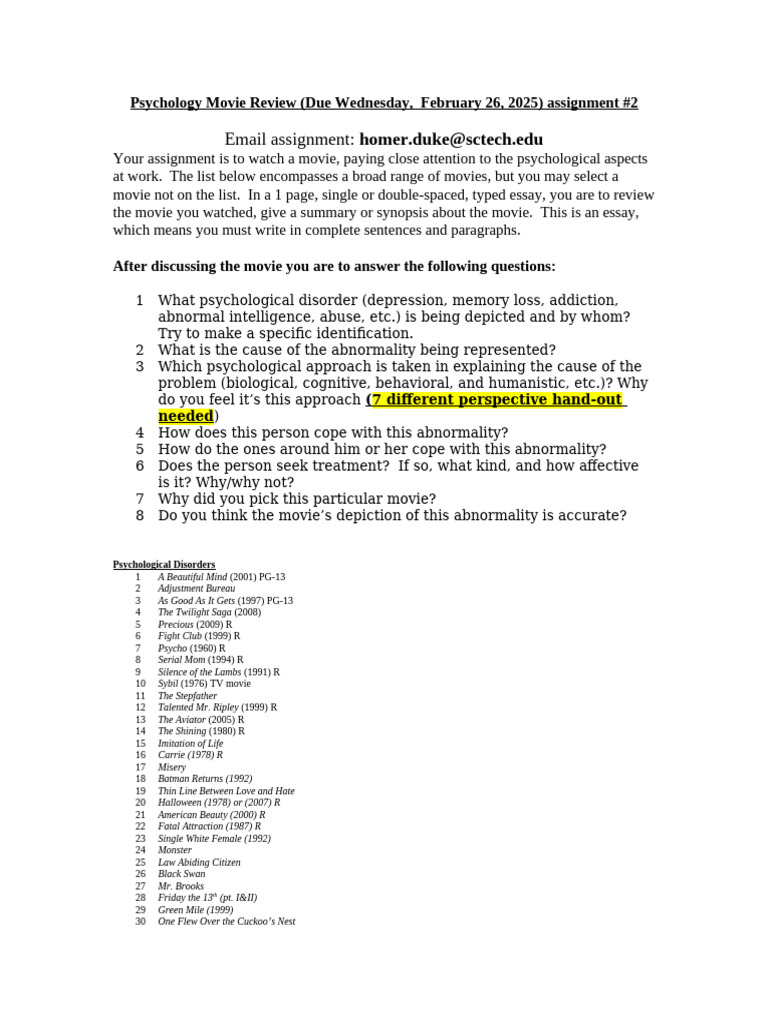 Psychology Movie Analysis Task | PDF | Psychology | Mental Disorder