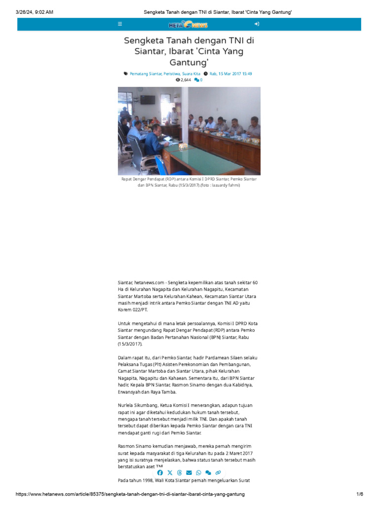 Sengketa Tanah Dengan TNI Di Siantar, Ibarat 'Cinta Yang Gantung' | PDF