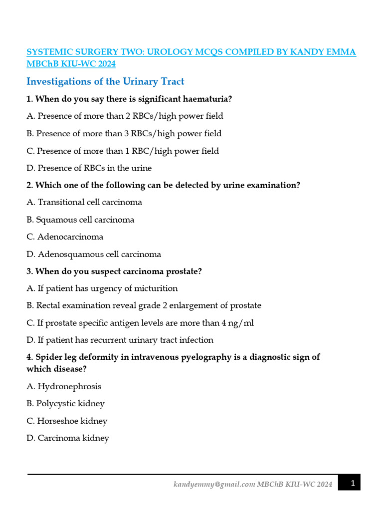 SYSTEMIC SURGERY TWO-UROLOGY MCQS 2024 | PDF | Prostate | Genitourinary System