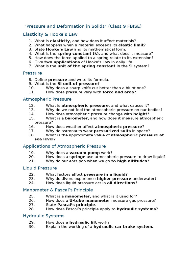 Class 9th Physics Short Question Answers. | PDF | Density | Pressure