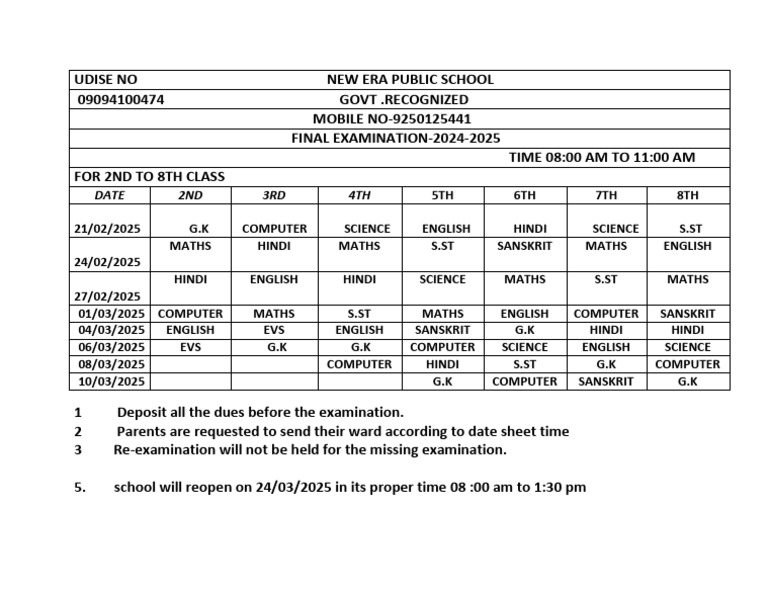 Final Date Sheet Class-2nd To 8th | PDF