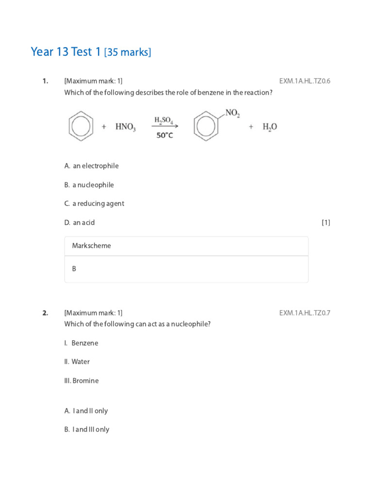 Year 13 Chemistry Test on Benzene Reactions | PDF | Chemical Reactions ...