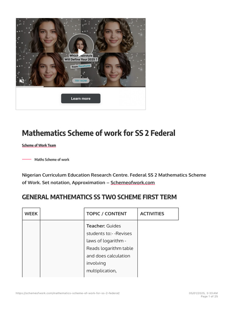 SS2 Mathematics Scheme of Work 2025 | PDF | Logarithm | Arithmetic