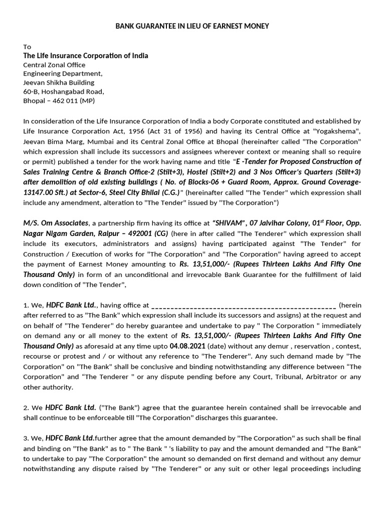 HDFC Bank Guarantee for Tender EMD | PDF | Business Law | Civil Law ...
