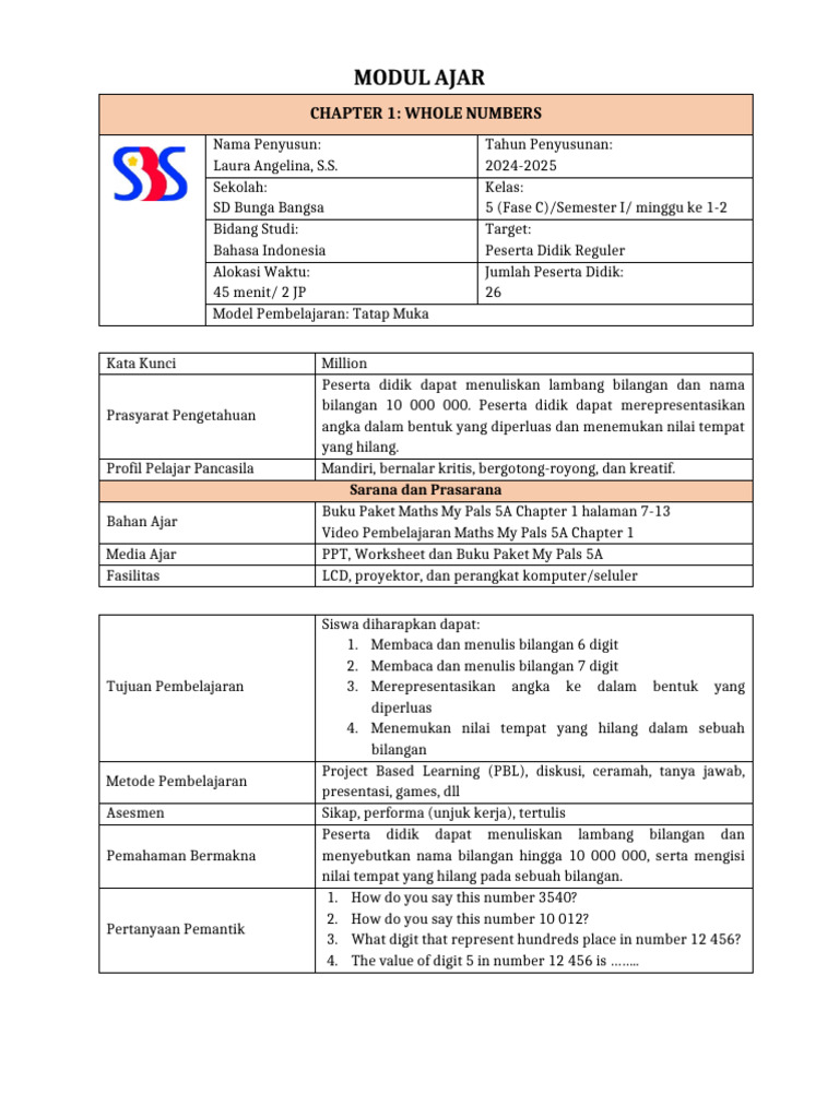 MODUL AJAR Math KLS 5 | PDF