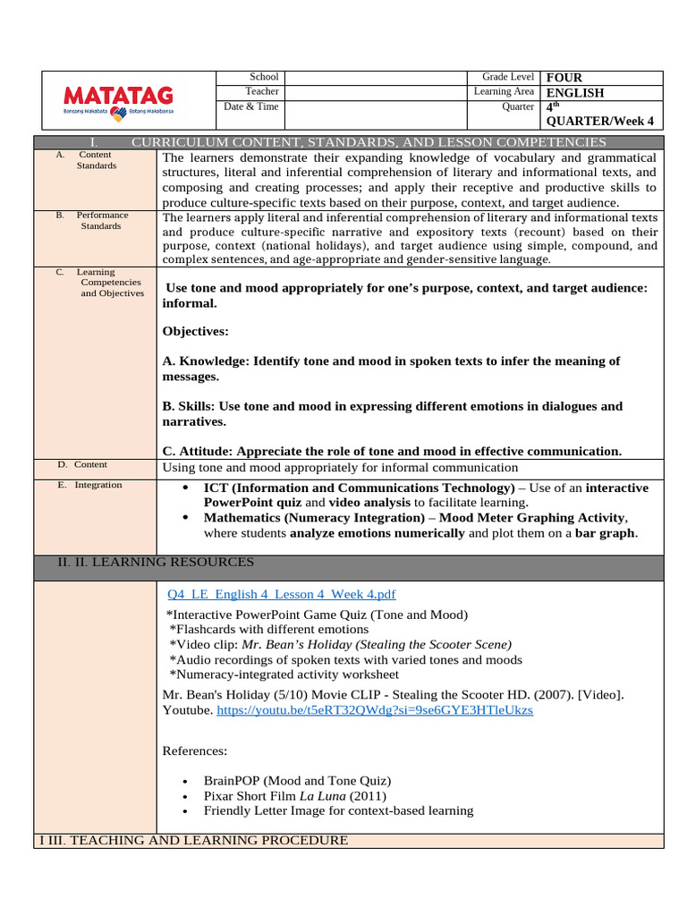 Grade 4 English: Tone and Mood Lesson | PDF | Emotions | Learning