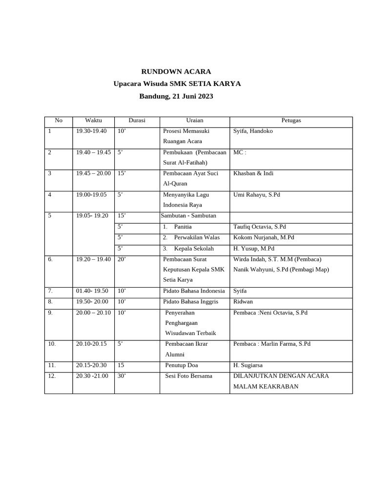 Rundown Acara Wisuda SMK Sekar | PDF