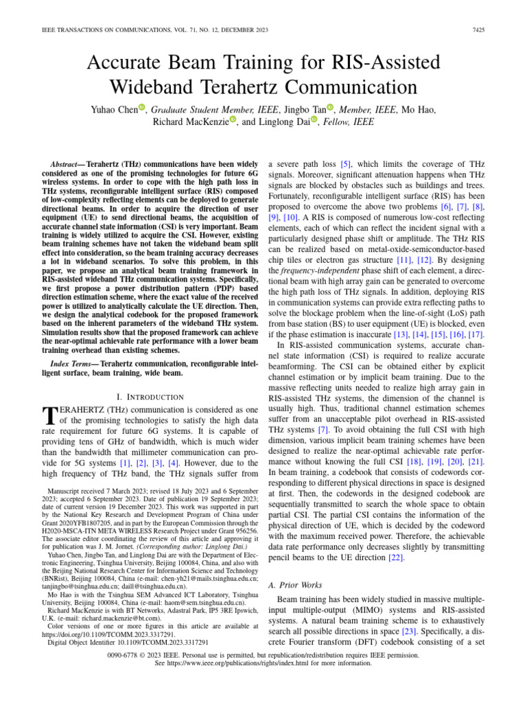 Accurate Beam Training for RIS-Assisted Wideband Terahertz Communication | PDF | Terahertz ...