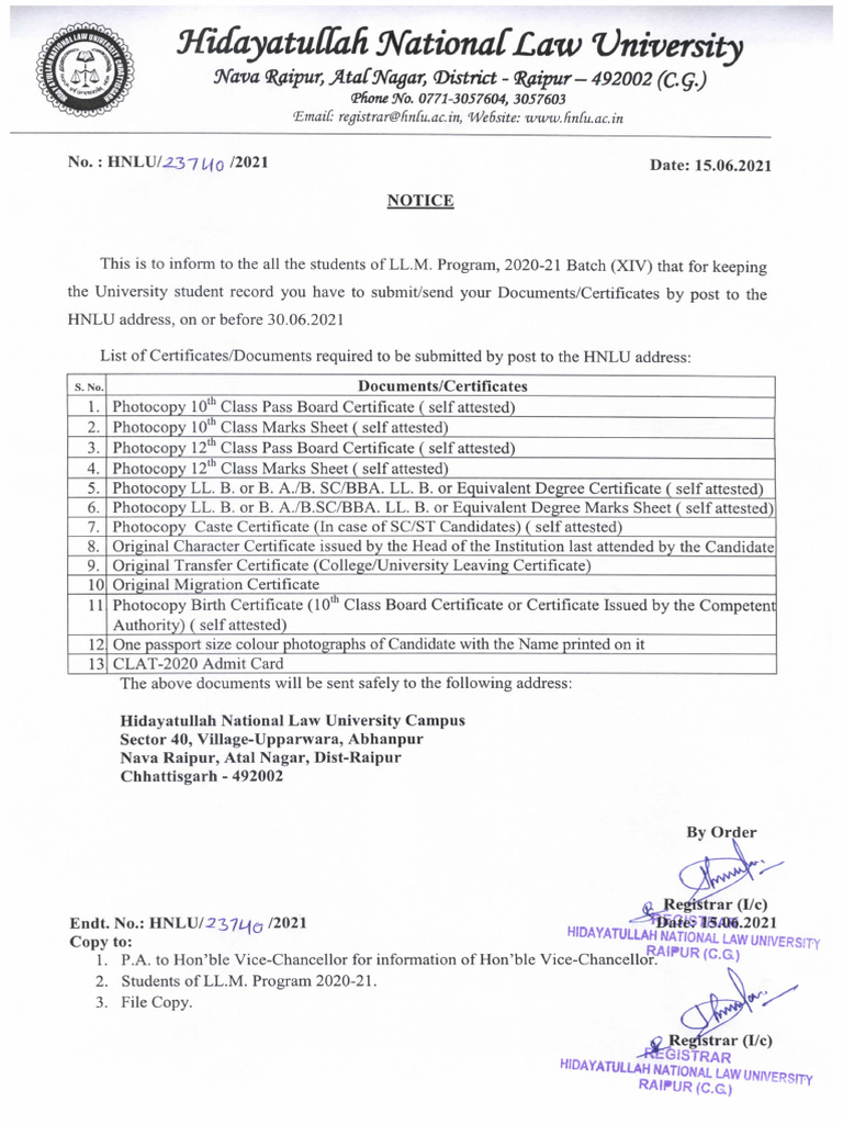 Notice Regarding Submission of Document and Certificates | PDF