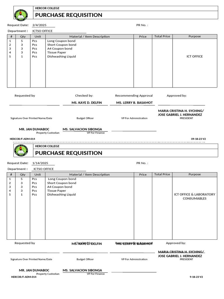HERCOR College Purchase Requisition Form | PDF | Bond Market ...