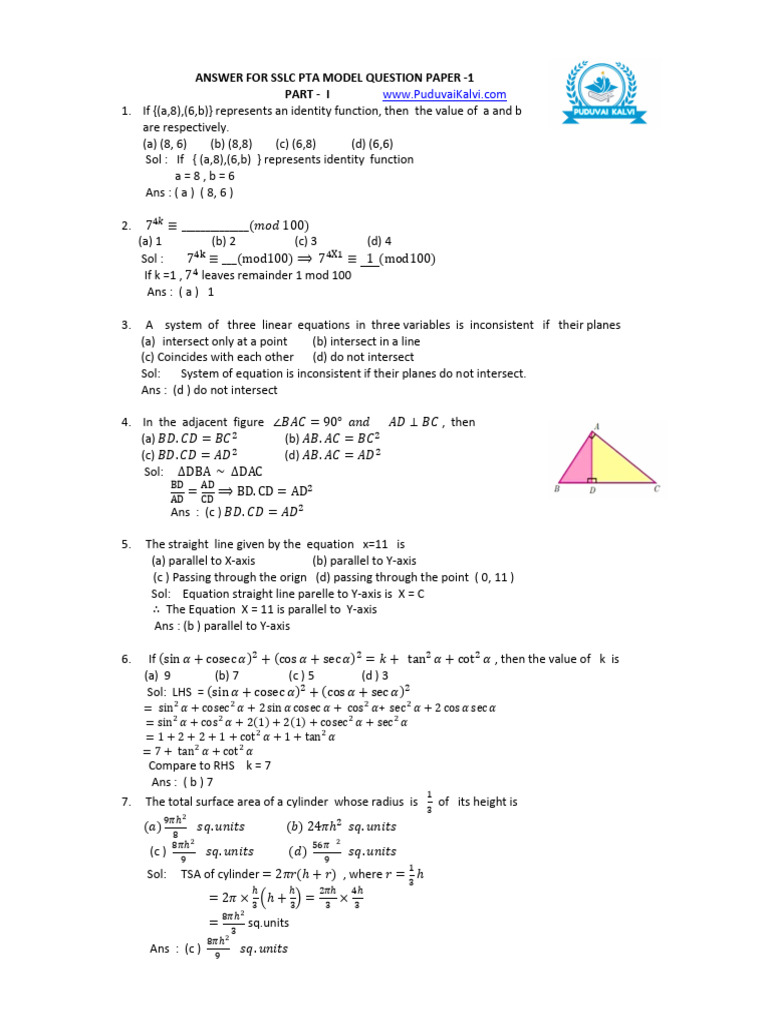 SSLC PTA Model Question Paper 1 | PDF | Perpendicular | Elementary Geometry