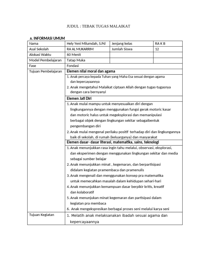 Contoh Bahan Ajar Raudhatul Athfal | PDF
